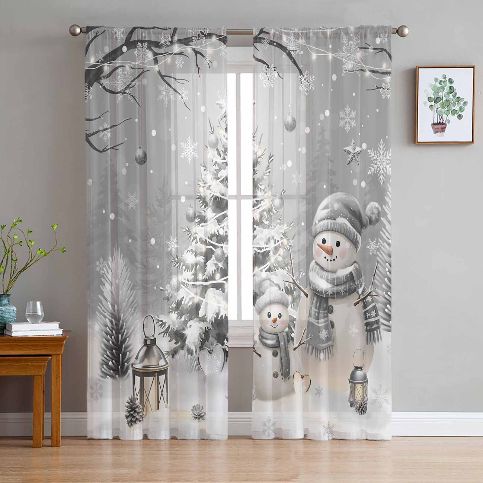 ERUNPONLY Grey Snowman Christmas Sheer Curtains 96 Inch Length 2 Panels ...