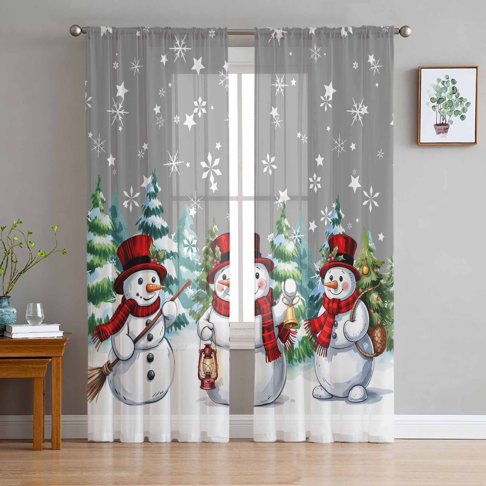 ERUNPONLY Grey White Snowman Christmas Sheer Curtains 63 Inch Length 2 ...