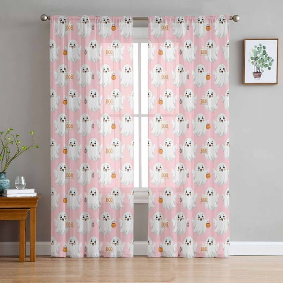 ERUNPONLY Halloween Cute Ghost Sheer Curtains 63 Inch Length 2 Panels ...