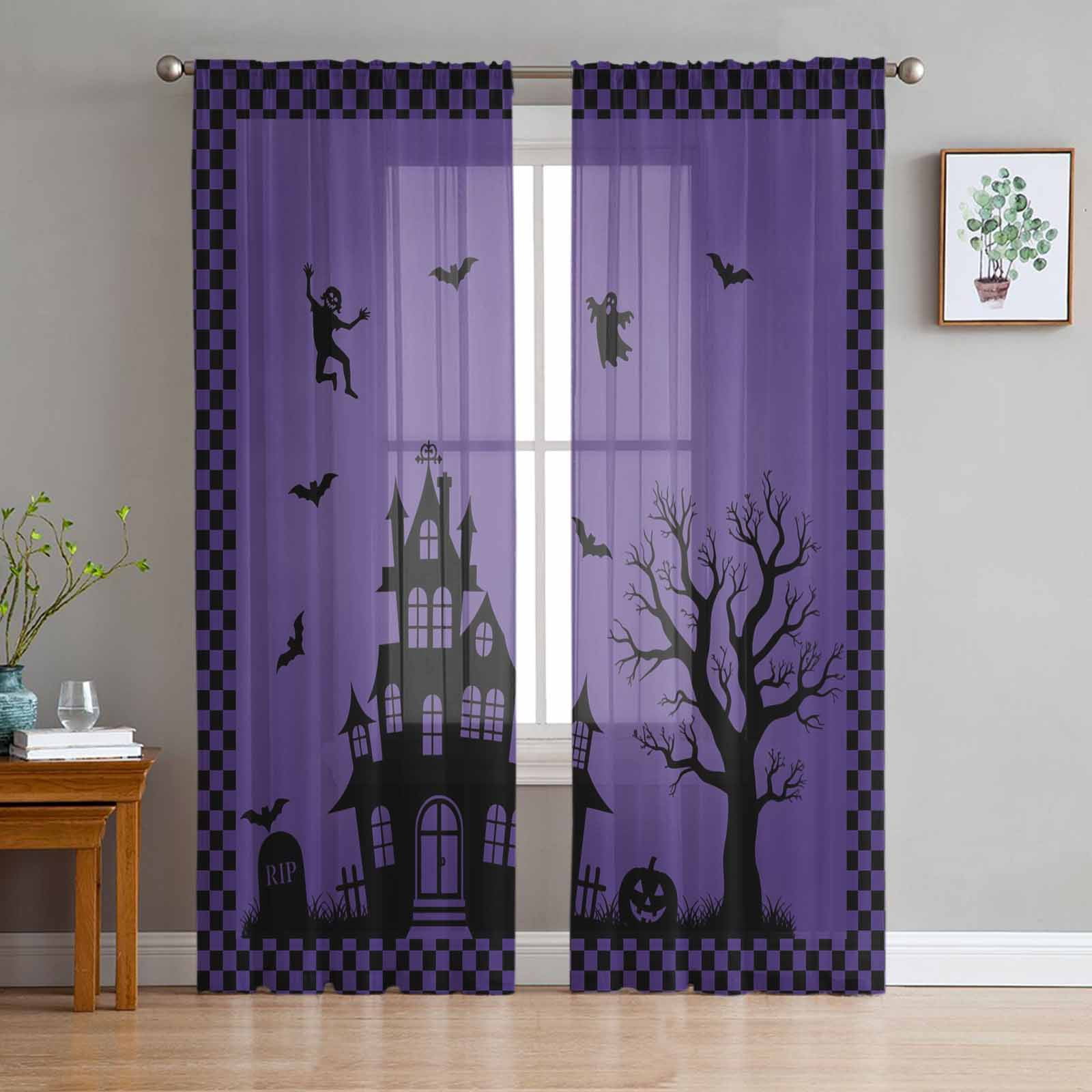 ERUNPONLY Halloween Purple Sheer Curtains 72 Inch Length 2 Panels Set ...