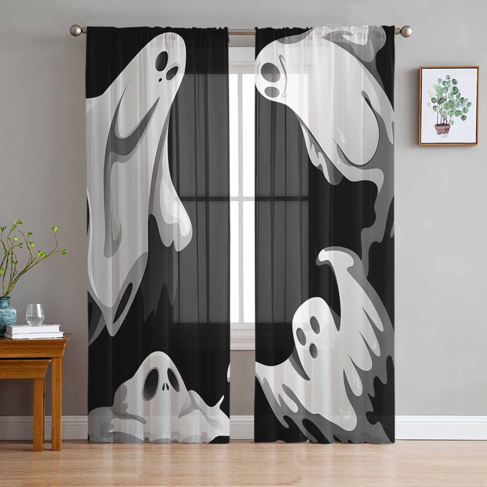 ERUNPONLY Halloween Sheer Curtains 63 Inch Length 2 Panels Set, Cartoon ...