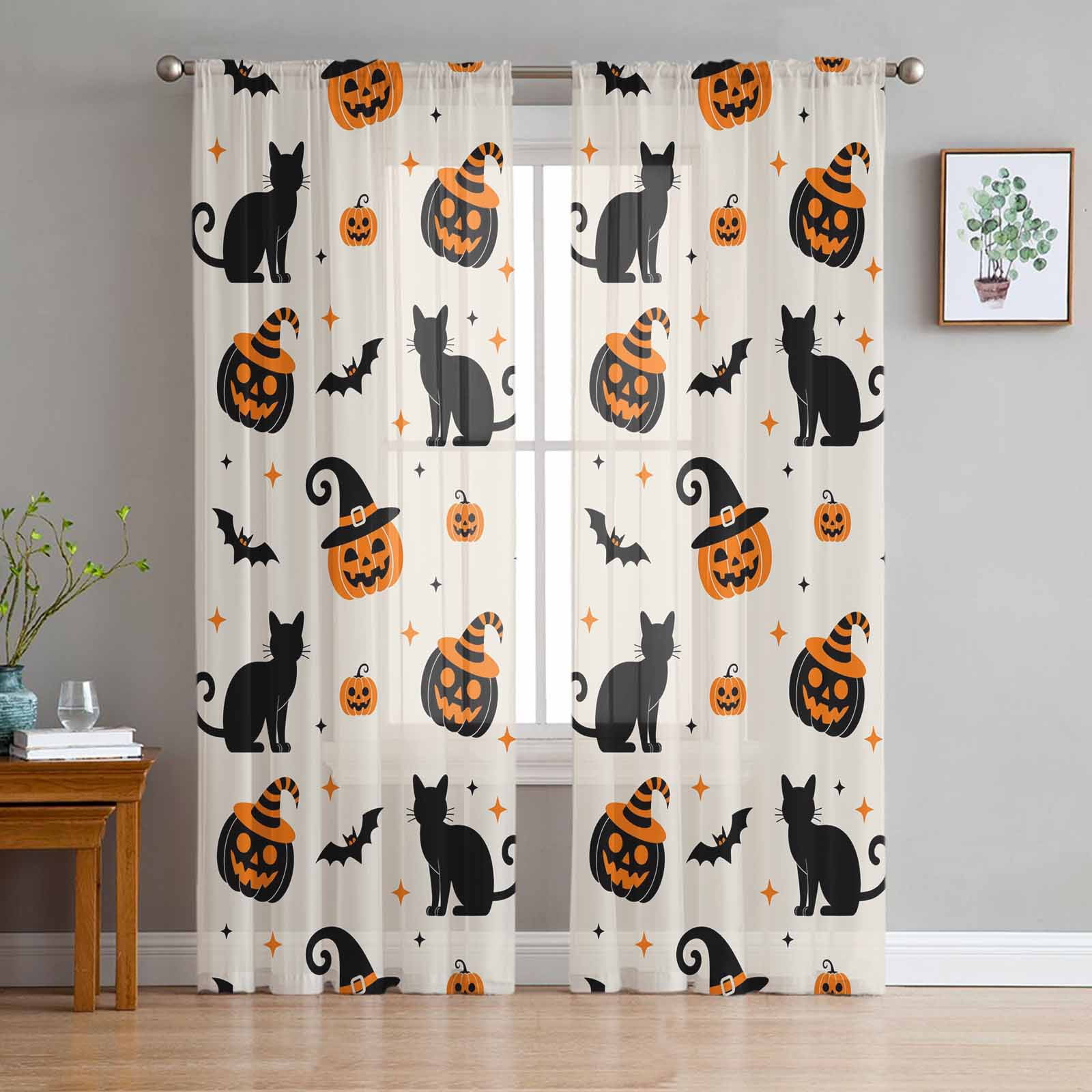 ERUNPONLY Halloween Sheer Curtains 63 Inch Length 2 Panels Set, Horror ...