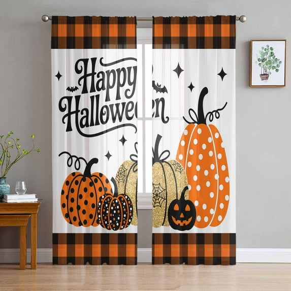 ERUNPONLY Halloween Sheer Curtains 63 Inch Length 2 Panels Set, Plaid ...
