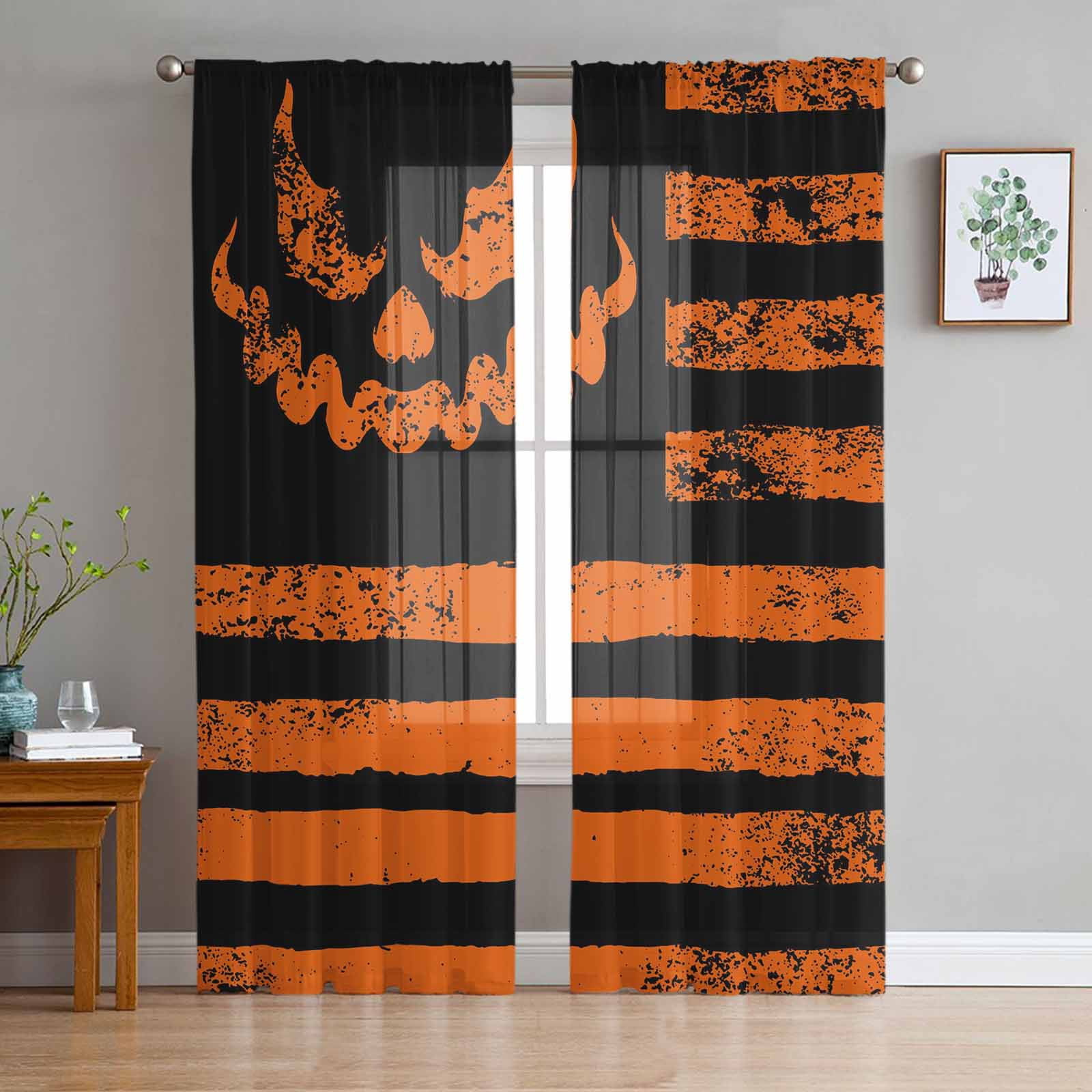 ERUNPONLY Halloween Sheer Curtains 96 Inch Length 2 Panels Set, Black ...
