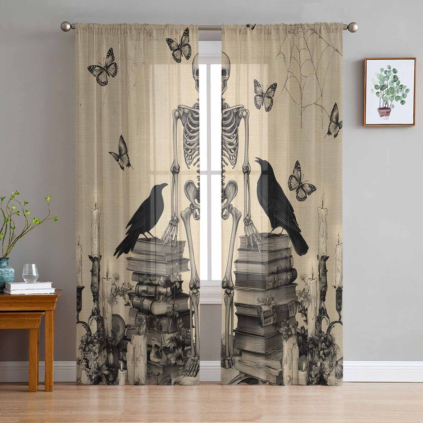 ERUNPONLY Halloween Skeleton Sheer Curtains 63 Inch Length 2 Panels Set ...