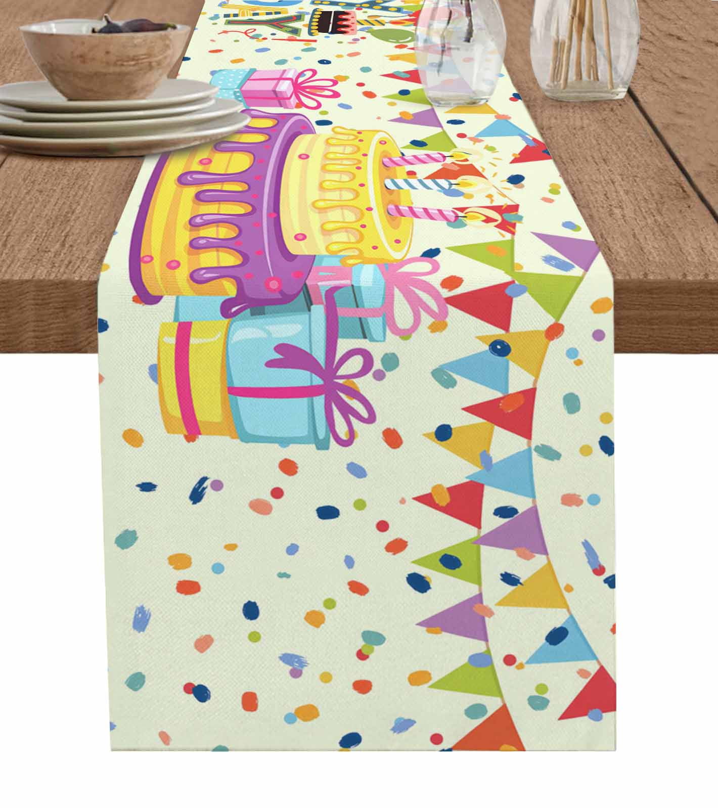 ERUNPONLY Happy Birthday Table Runner - 70 Inch Long Beige Balloon ...