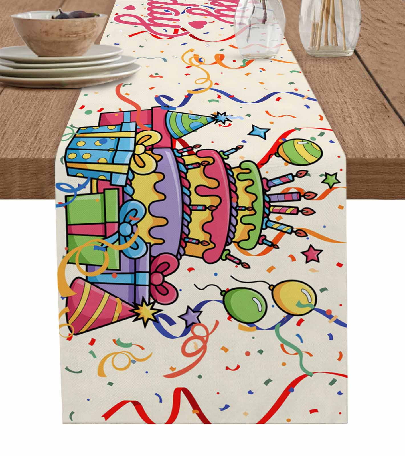 ERUNPONLY Happy Birthday Table Runner - 72 Inch Long Ribbon Cake ...