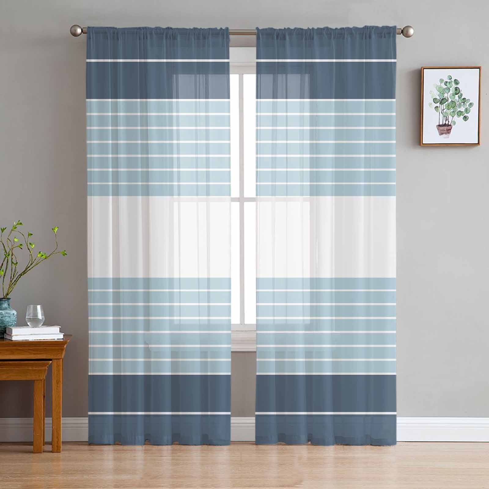 ERUNPONLY Haze Blue Aqua Stripe Sheer Curtains 84 Inch Length 2 Panels ...