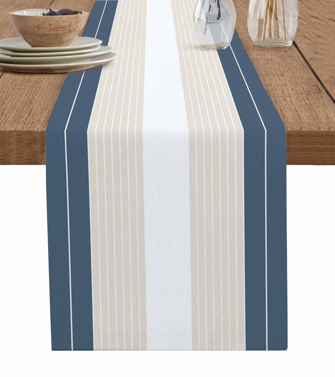 ERUNPONLY Haze Blue Beige Stripe Table Runner - 70 Inch Long Modern Art ...