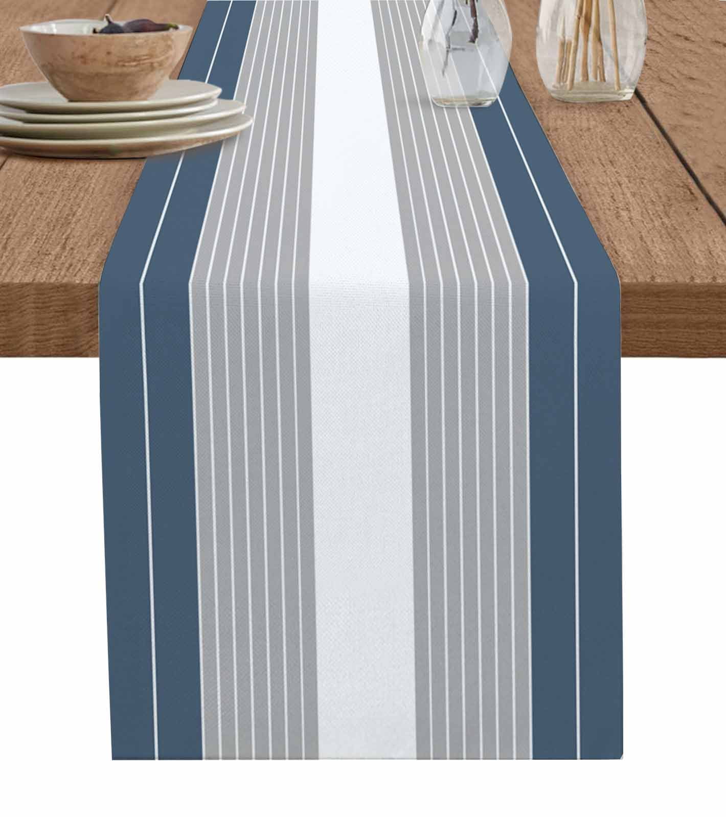 ERUNPONLY Haze Blue Grey Stripe Table Runner - 108 Inch Long Modern Art ...