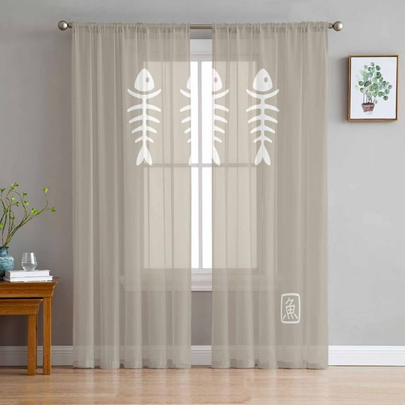 ERUNPONLY Japanese Fish Sheer Curtains 72 Inch Length 2 Panels Set, Abstract Cartoon Beige Voile ...