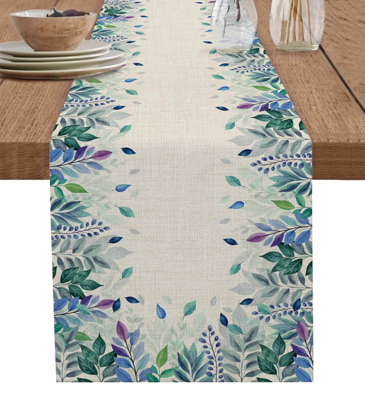 ERUNPONLY Leaf Table Runner - 72 Inch Long Vintage Blue Green Purple ...