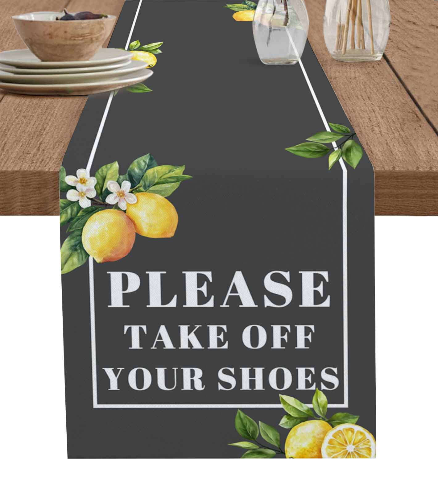 ERUNPONLY Lemon Letter Table Runner - 72 Inch Long Rustic Fruit Floral Leaf Stripes Gray Cotton ...