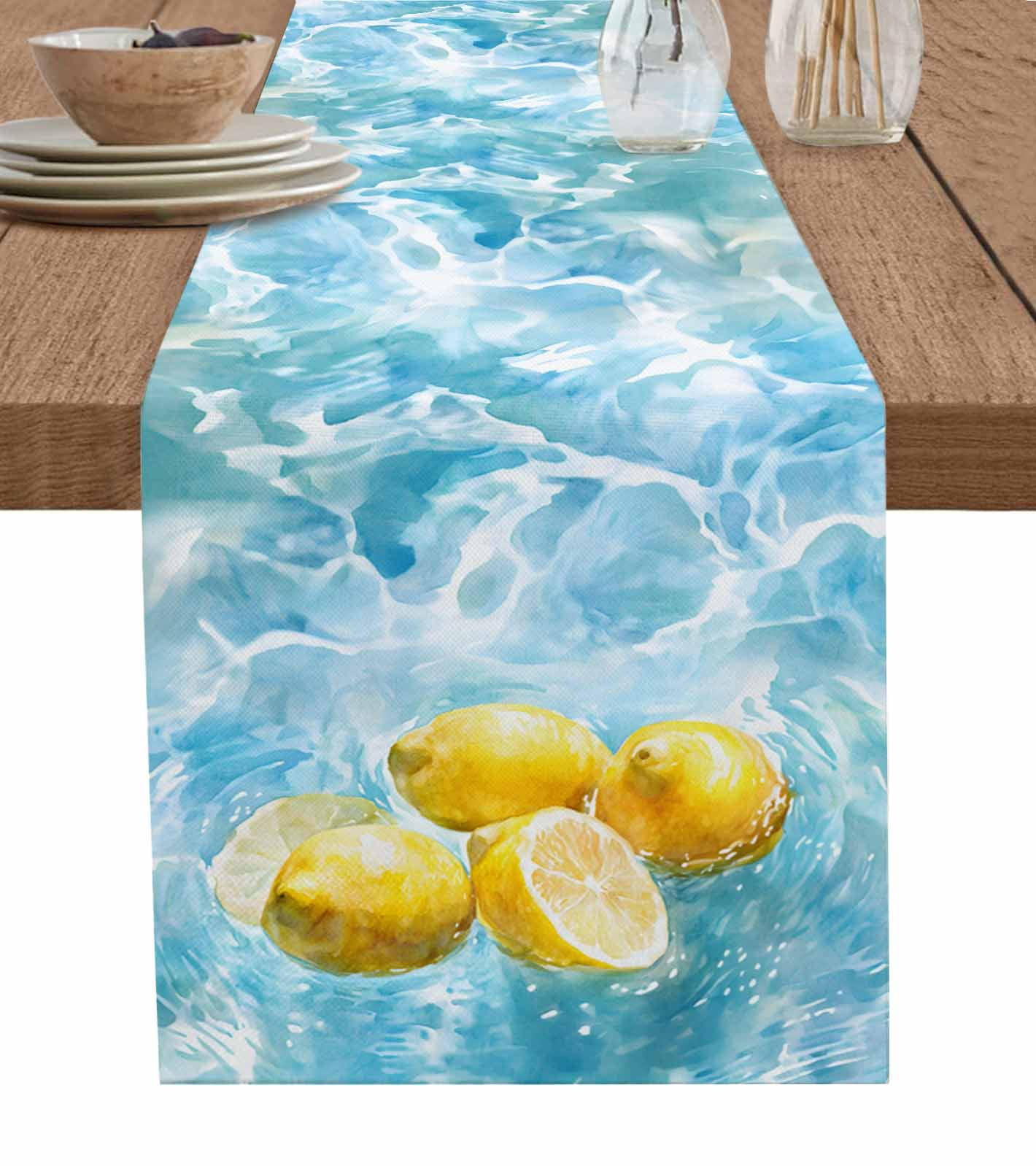 ERUNPONLY Lemon Yellow Table Runner - 72 Inch Long Blue Lake Wave ...