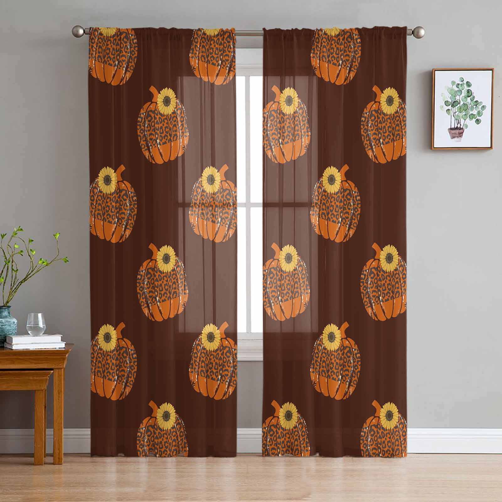 ERUNPONLY Leopard Pumpkin Fall Sheer Curtains 84 Inch Length 2 Panels ...