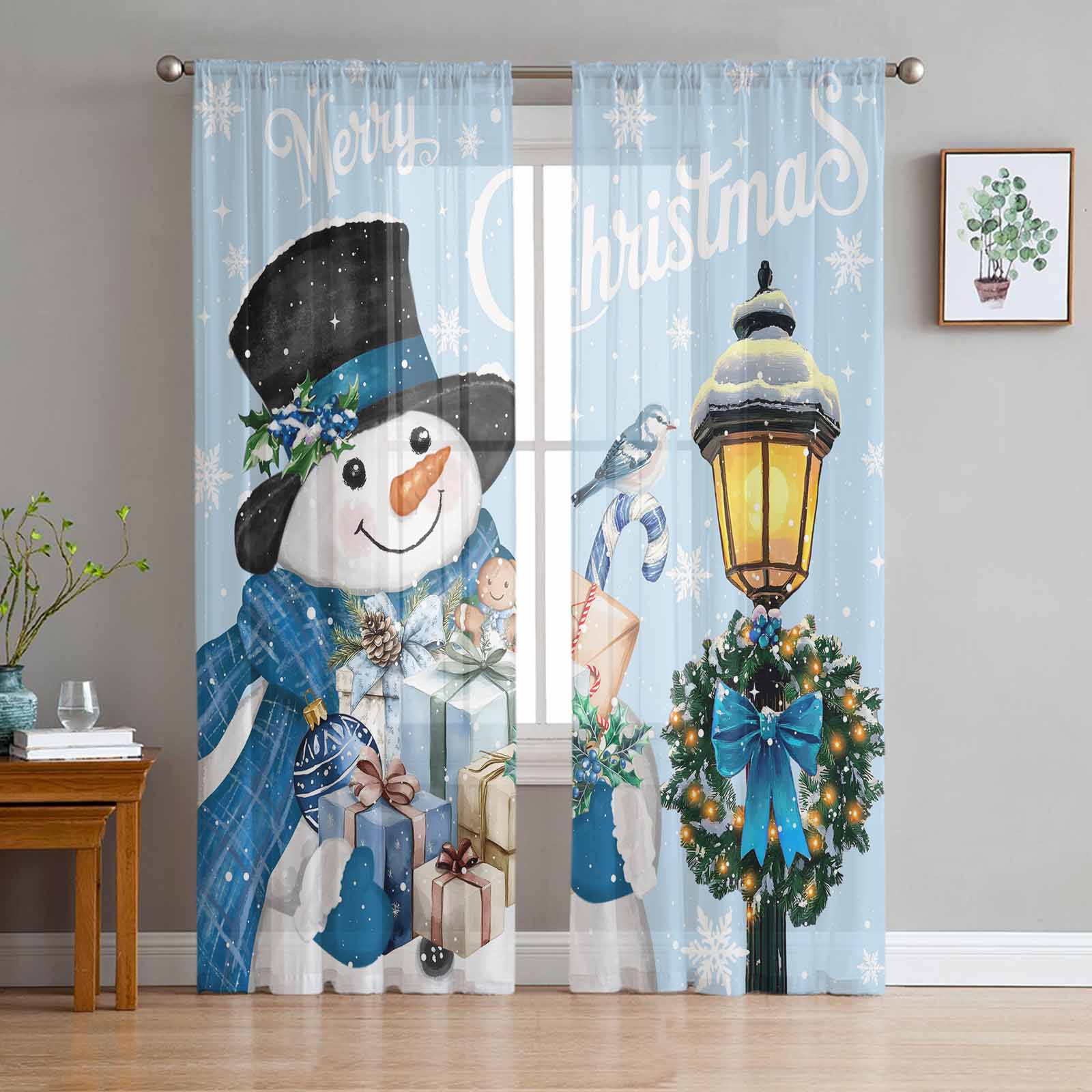ERUNPONLY Light Blue Snowman Christmas Sheer Curtains 72 Inch Length 2 ...
