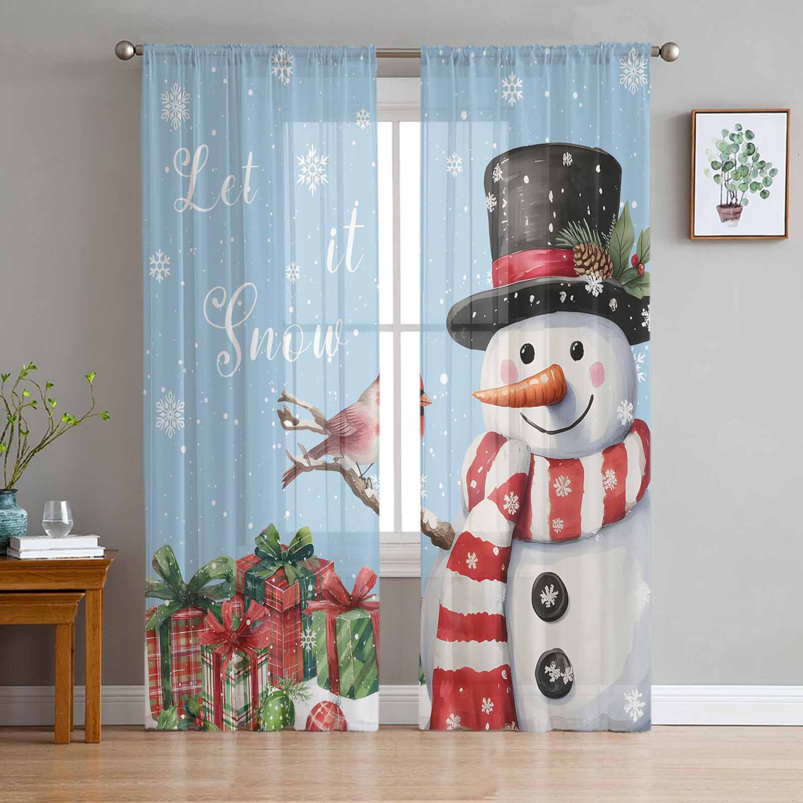 ERUNPONLY Light Blue Snowman Christmas Sheer Curtains 96 Inch Length 2 ...