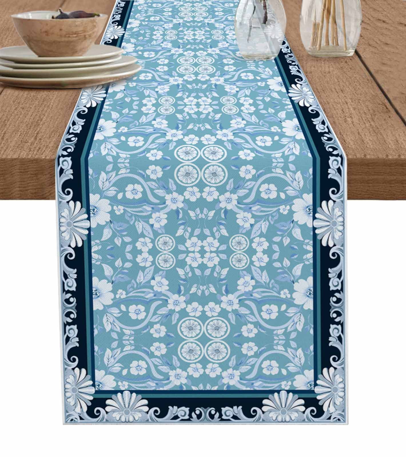 ERUNPONLY Light Blue White Flowers Table Runner - 90 Inch Long Rustic ...