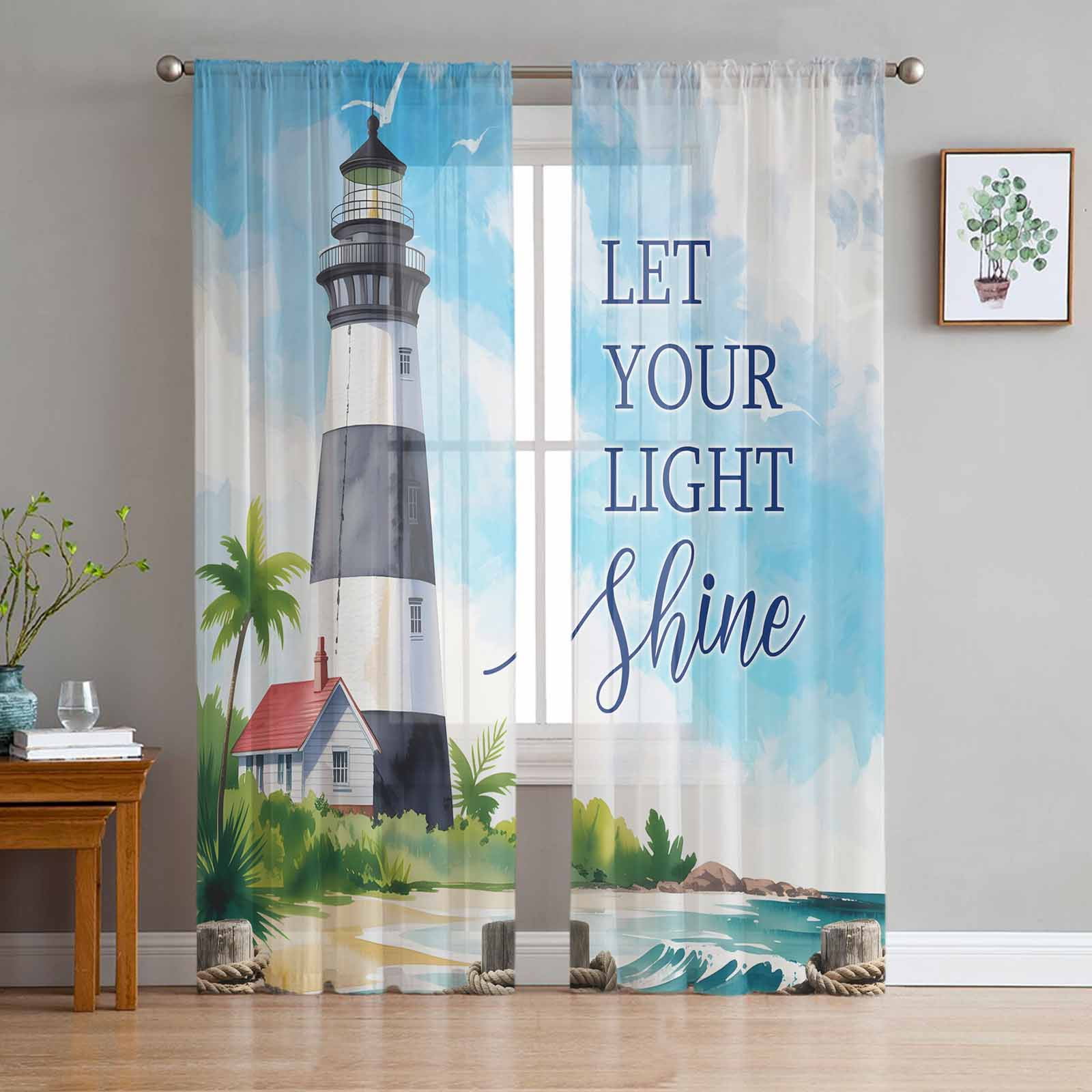 ERUNPONLY Lighthouse Sheer Curtains 96 Inch Length 2 Panels Set, Blue ...