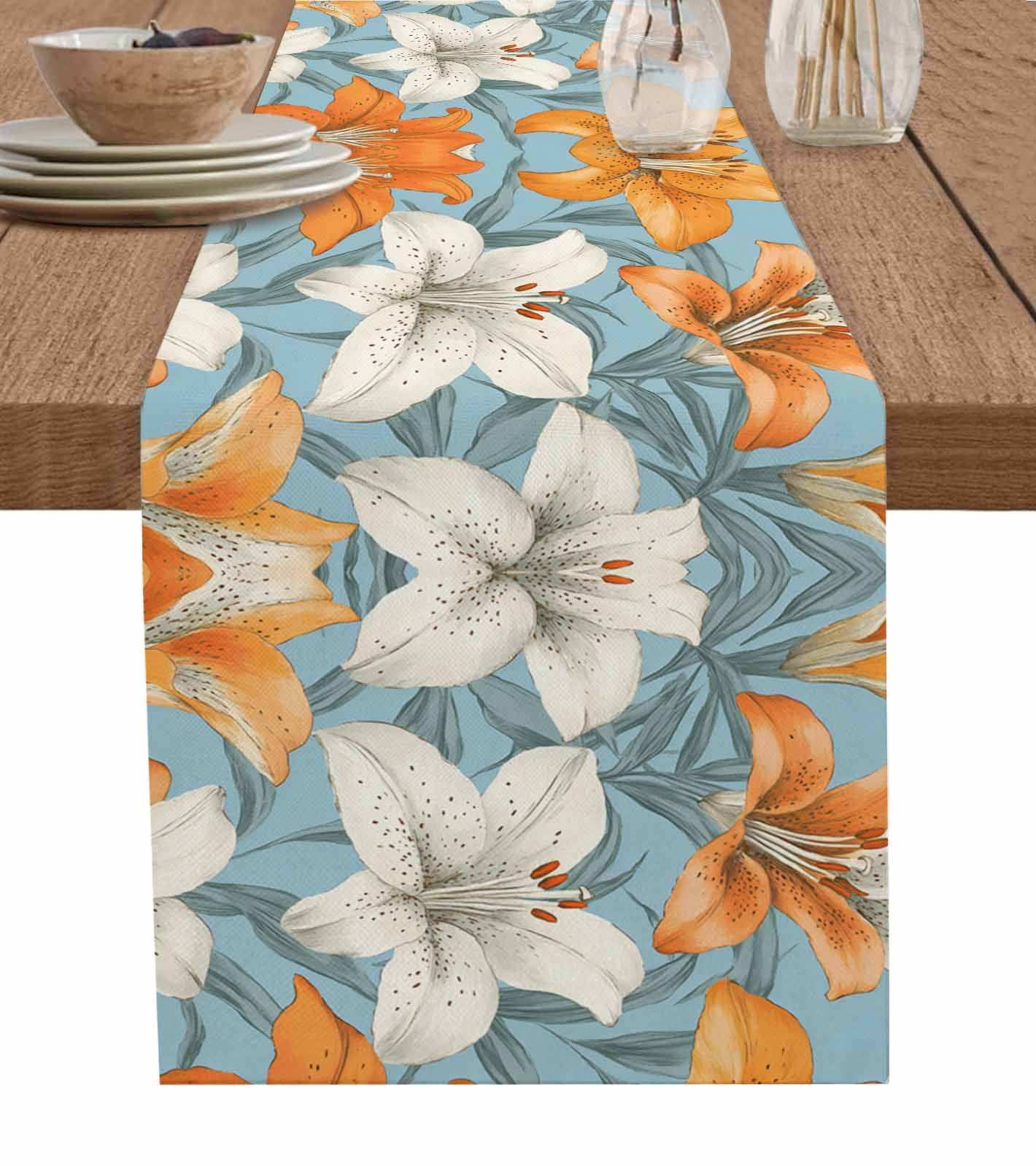 ERUNPONLY Lily Flower Table Runner - 72 Inch Long White Orange Blooms ...
