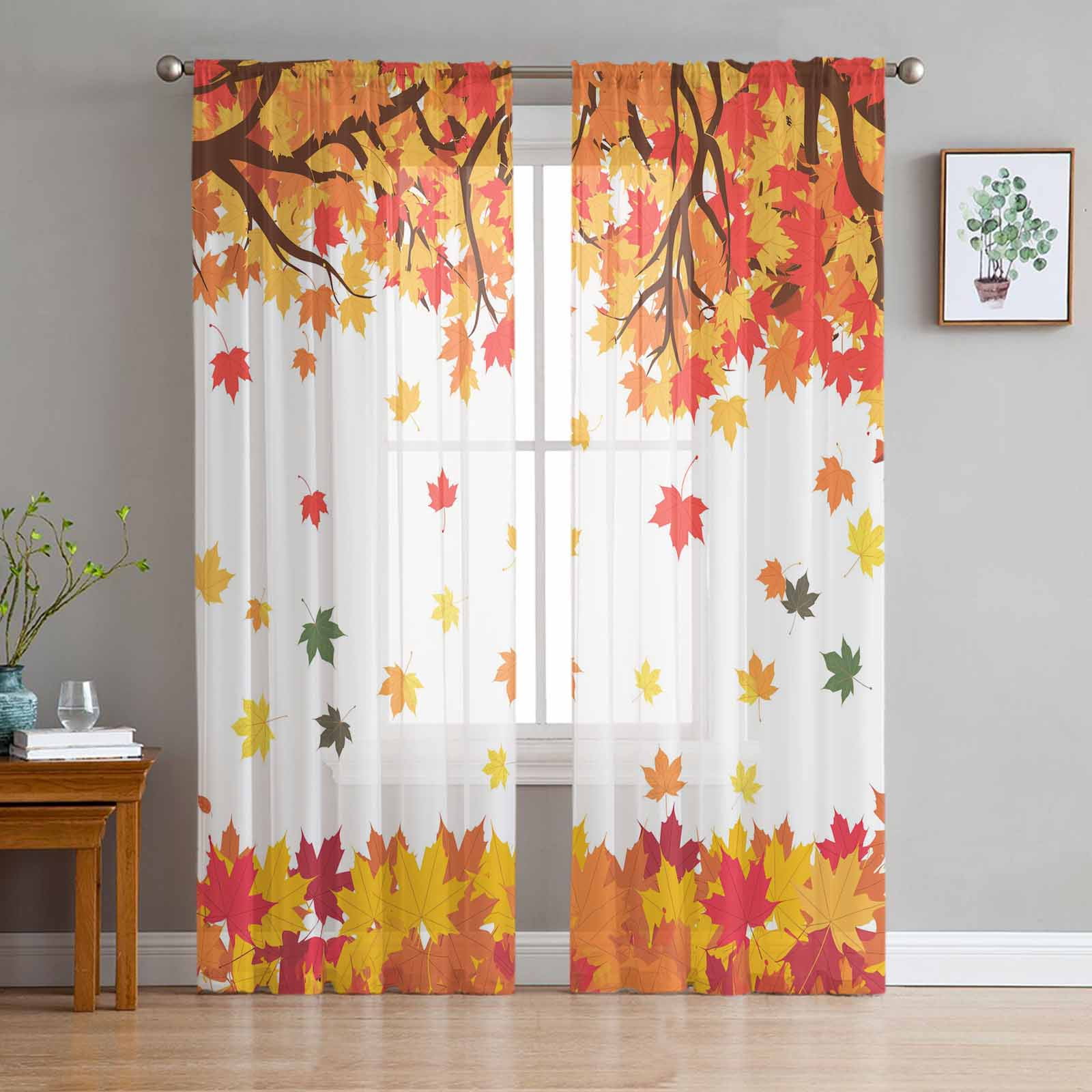 ERUNPONLY Maple Leaf Sheer Curtains 63 Inch Length 2 Panels Set ...