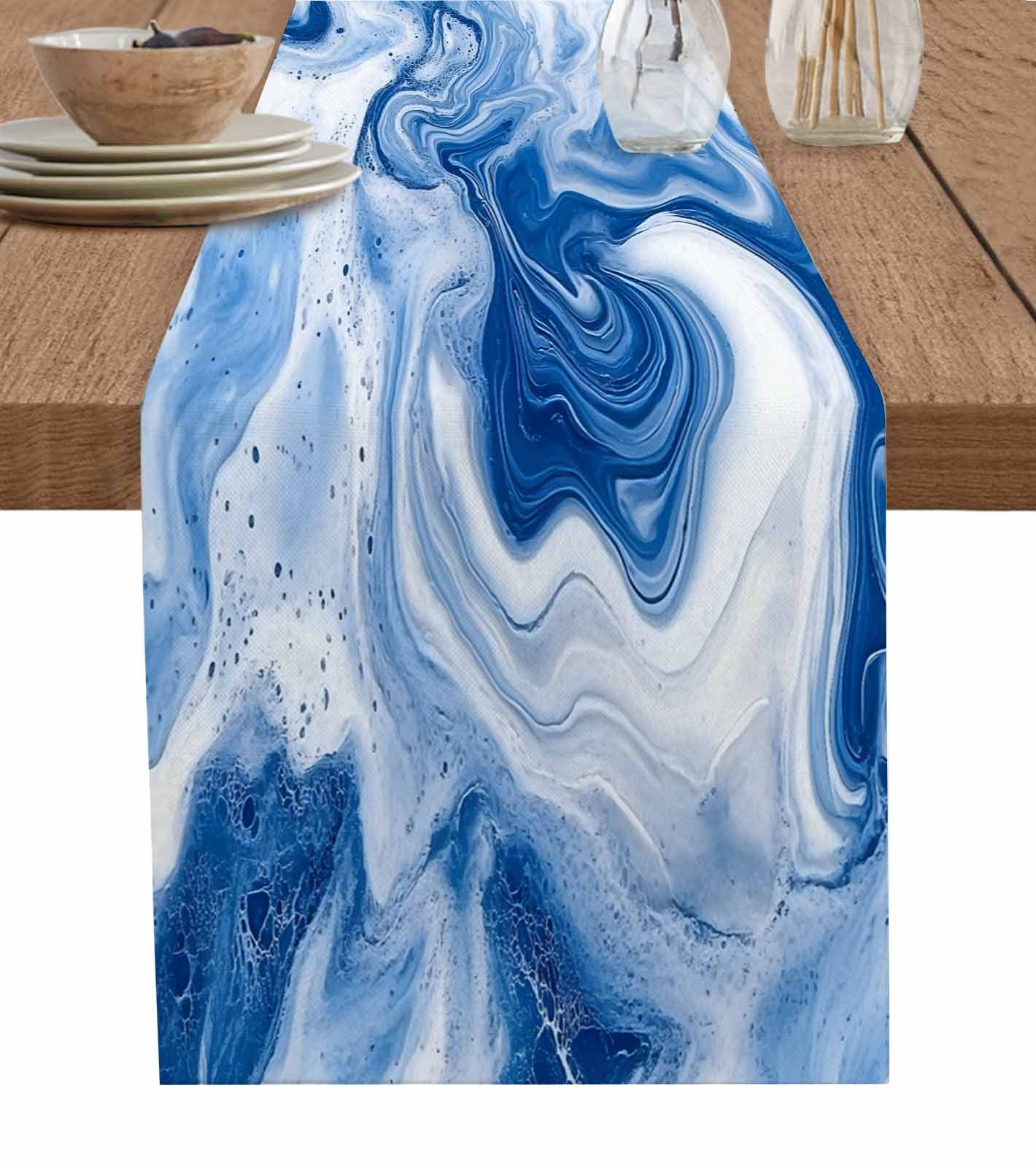 ERUNPONLY Marble Blue Table Runner - 108 Inch Long Ceramic Style Grunge ...