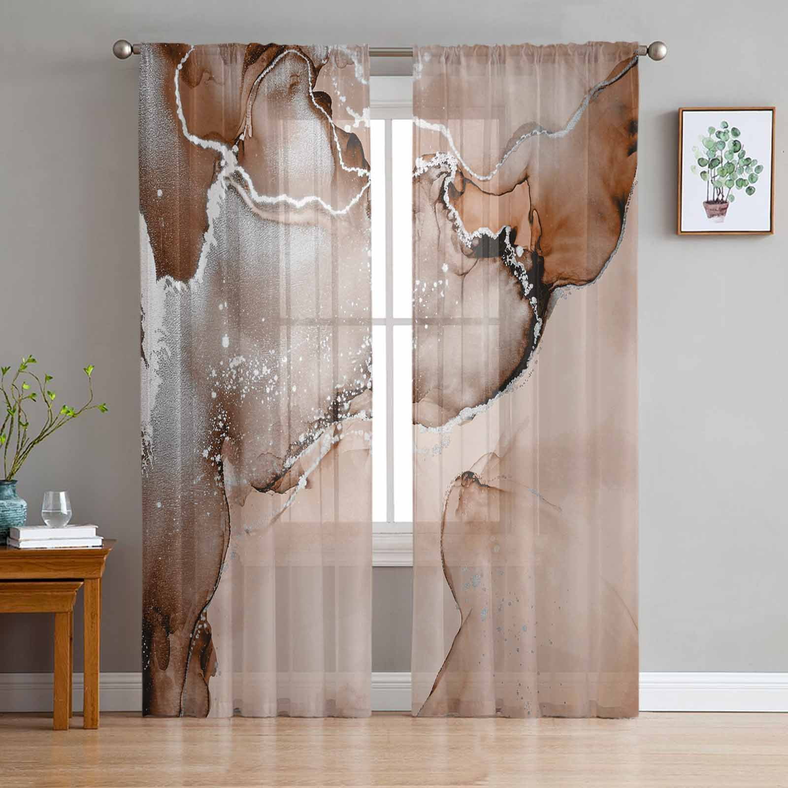 ERUNPONLY Marble Brown Sheer Curtains 63 Inch Length 2 Panels Set ...