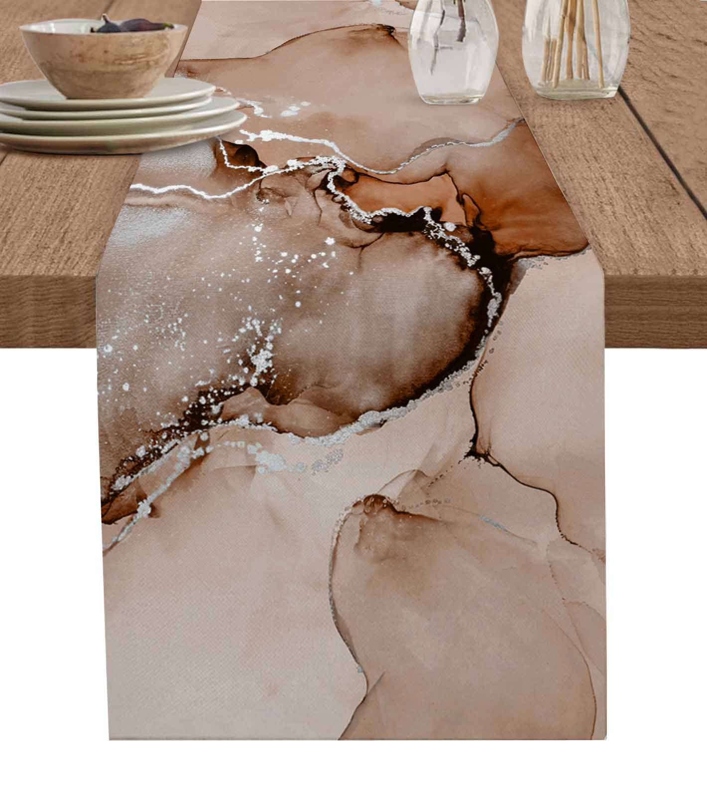 ERUNPONLY Marble Brown Table Runner - 72 Inch Long Modern Abstract Ink Painting Luxury Cotton ...
