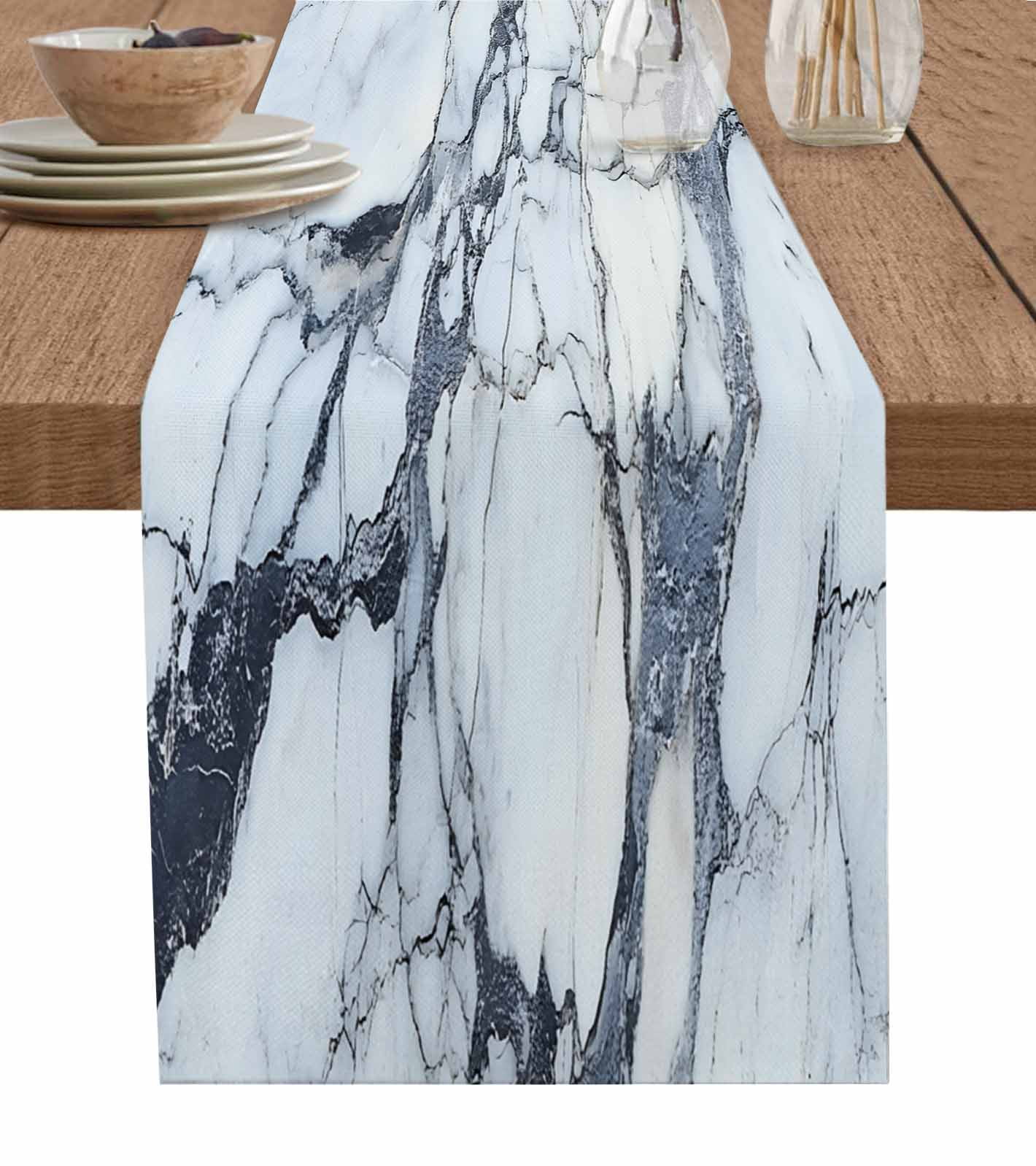 ERUNPONLY Marble Grey White Table Runner - 108 Inch Long Abstract ...