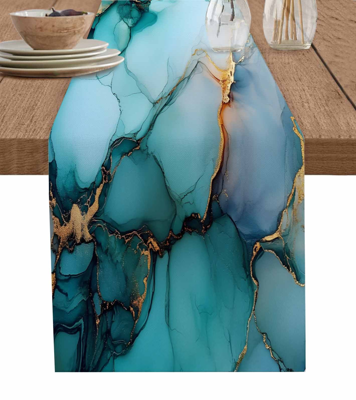 ERUNPONLY Marble Turquoise Gold Table Runner - 108 Inch Long Abstract ...