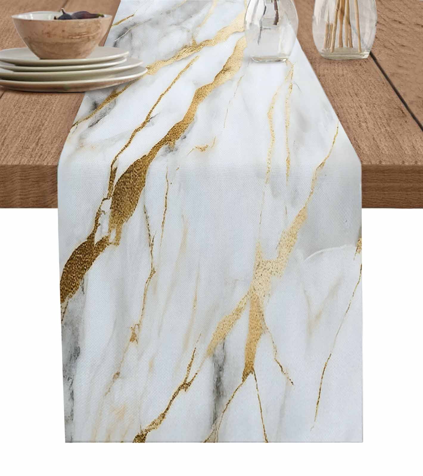 ERUNPONLY Marble White Gold Table Runner - 90 Inch Long Abstract Simple ...