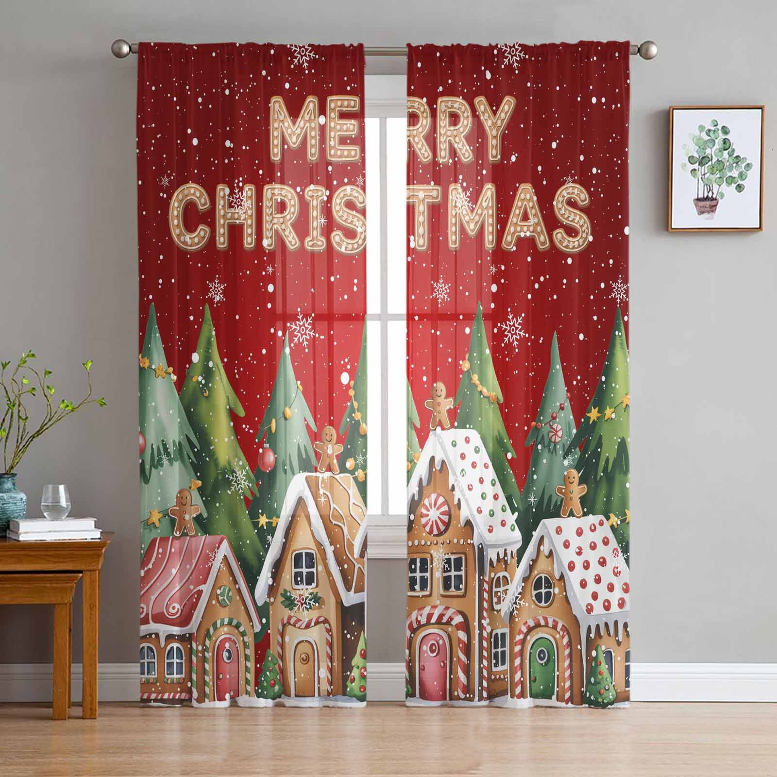 ERUNPONLY Merry Christmas Sheer Curtains 63 Inch Length 2 Panels Set ...