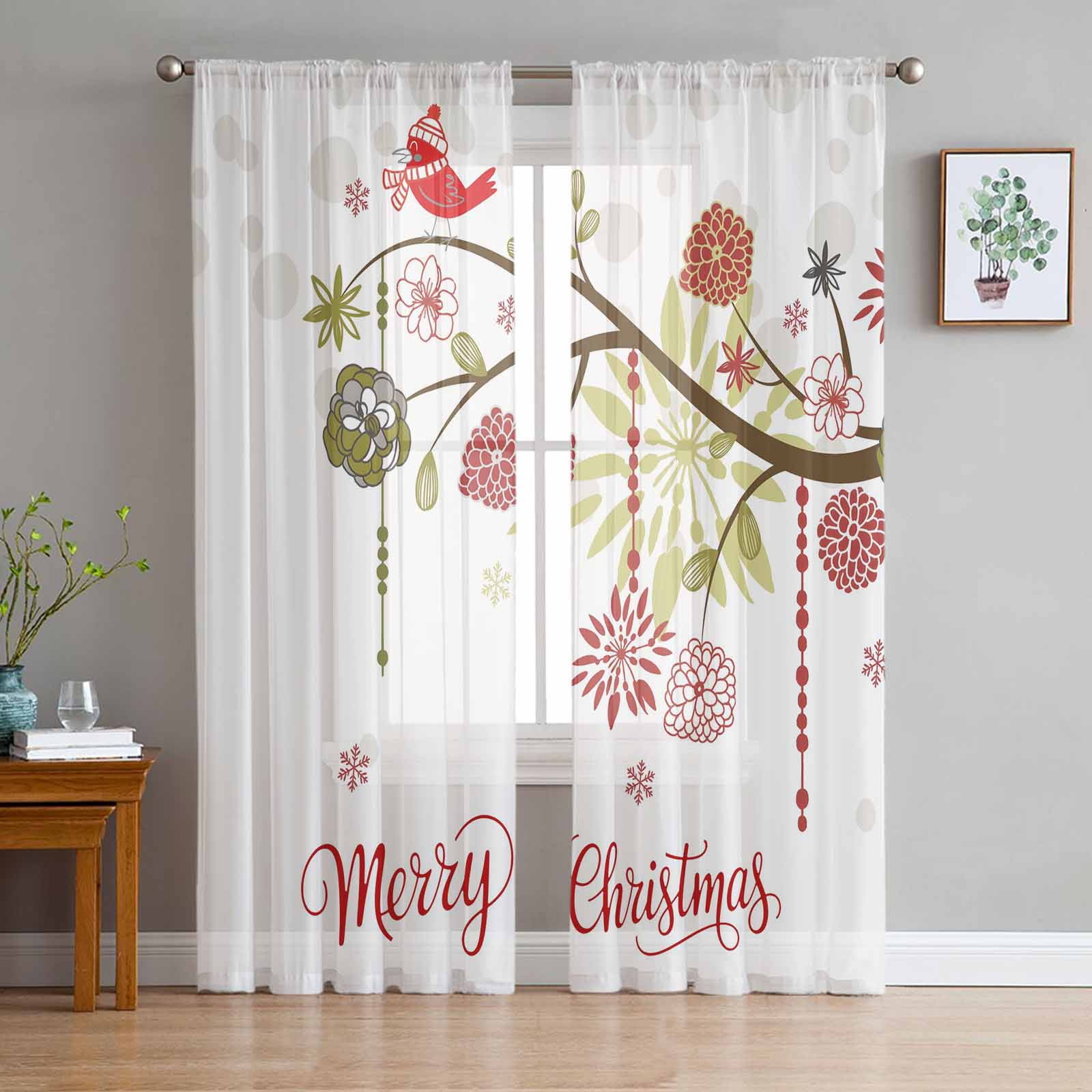 ERUNPONLY Merry Christmas Sheer Curtains 96 Inch Length 2 Panels Set ...