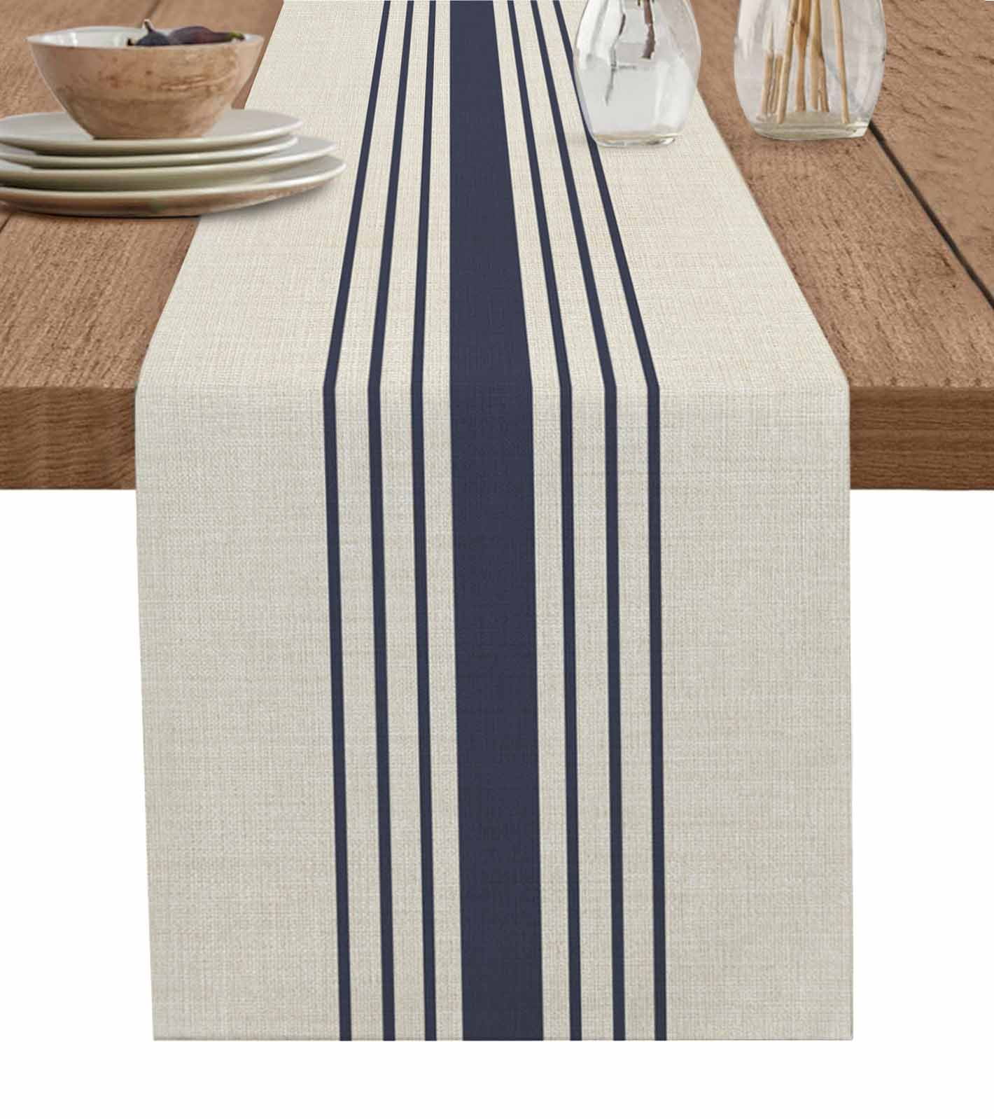 ERUNPONLY Midnight Blue Striped Table Runner - 108 Inch Long Beige ...