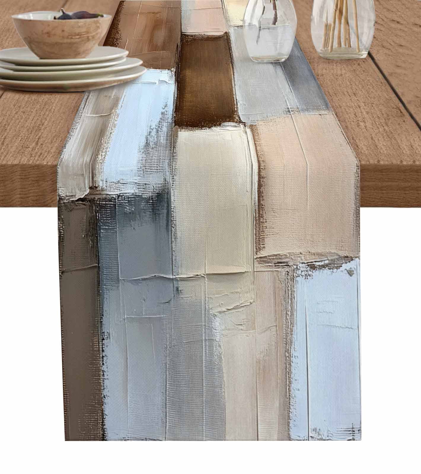 ERUNPONLY Modern Beige Brown Table Runner - 108 Inch Long Abstract Oil ...