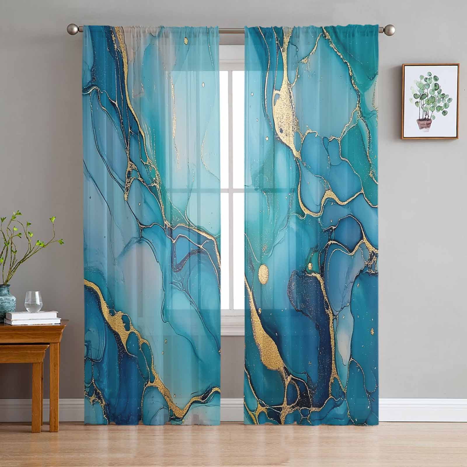 ERUNPONLY Modern Turquoise Sheer Curtains 63 Inch Length 2 Panels Set, Abstract Teal Gold Marble ...