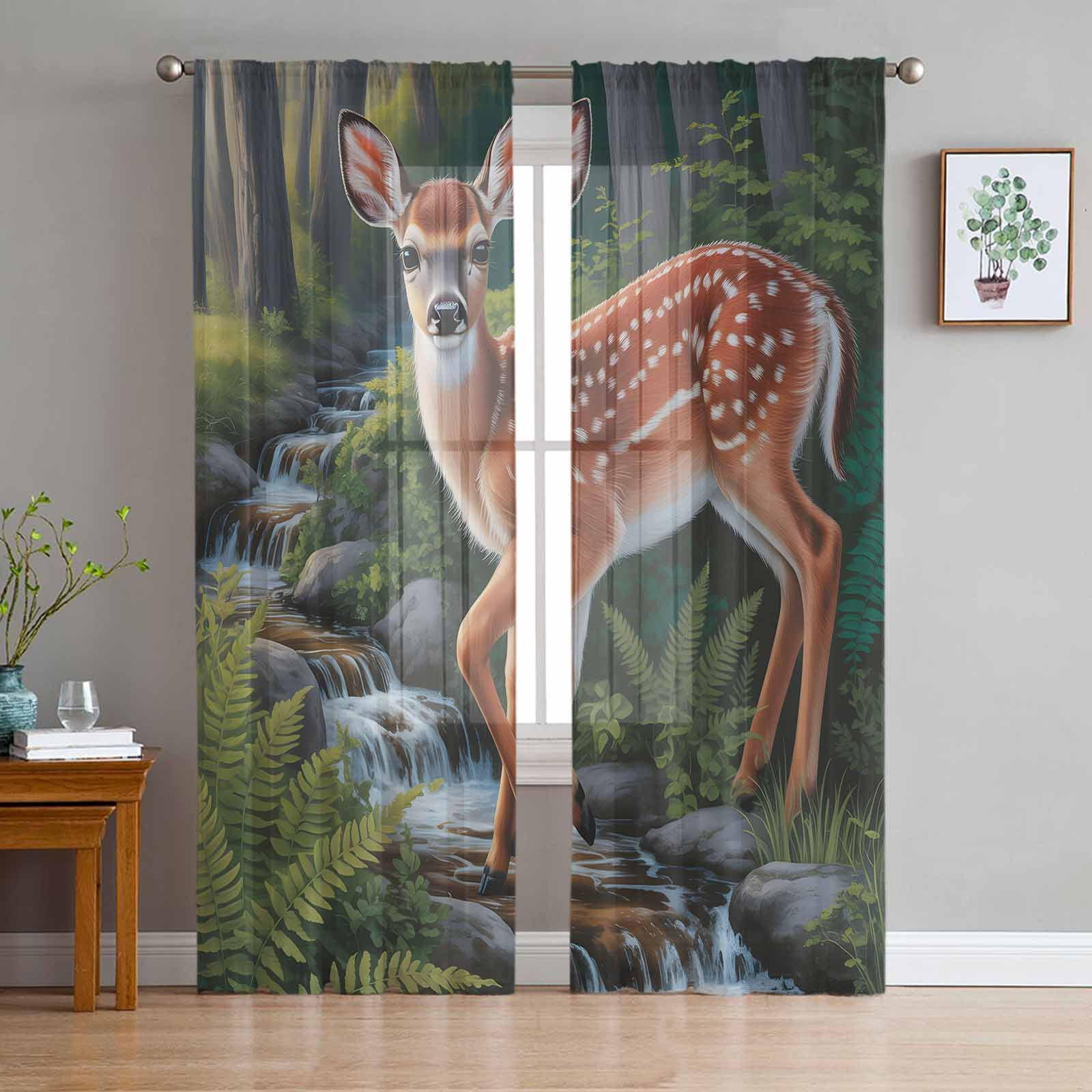 ERUNPONLY Nature Forest Deer Sheer Curtains 84 Inch Length 2 Panels Set ...
