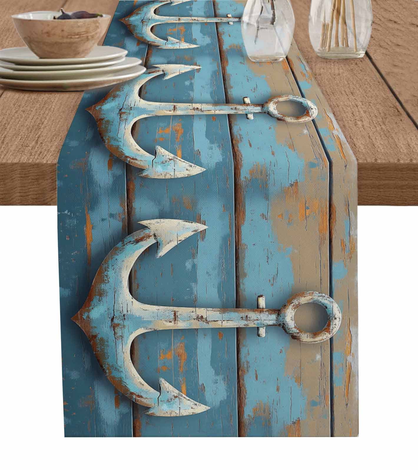 ERUNPONLY Nautical Anchor Table Runner - 72 Inch Long Retro Farmhouse ...