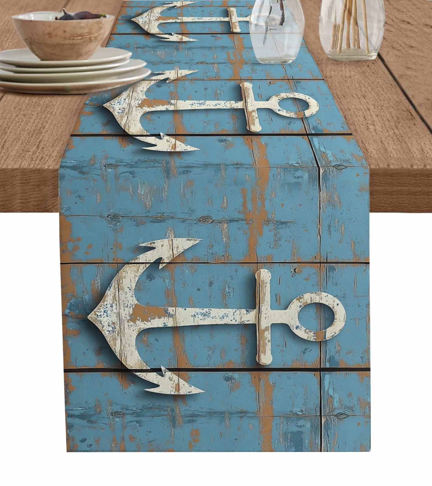ERUNPONLY Nautical Anchor Table Runner - 72 Inch Long Vintage Shabby ...