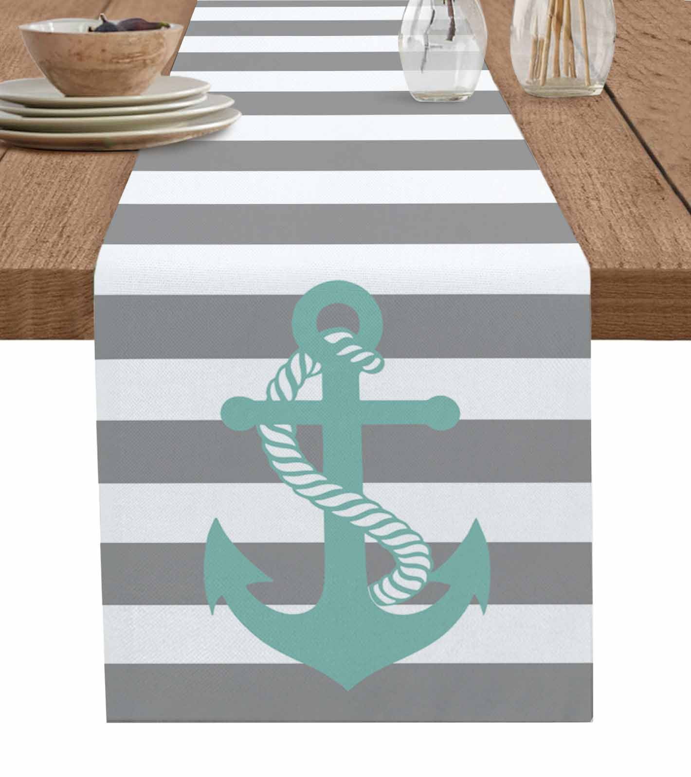 ERUNPONLY Nautical Anchor Table Runner - 90 Inch Long Turquoise Grey ...