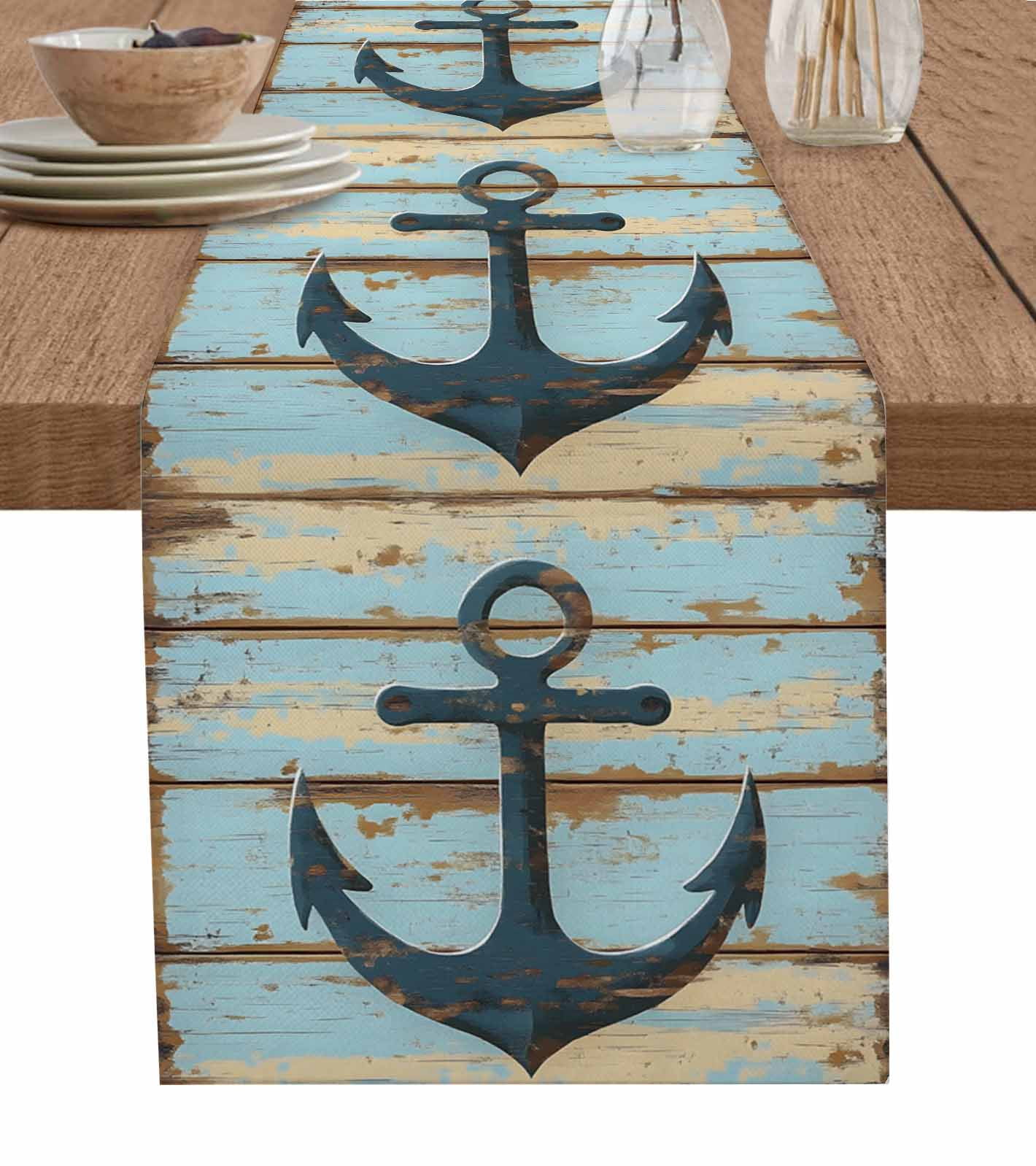 ERUNPONLY Nautical Anchor Table Runner - 90 Inch Long Vintage Blue ...