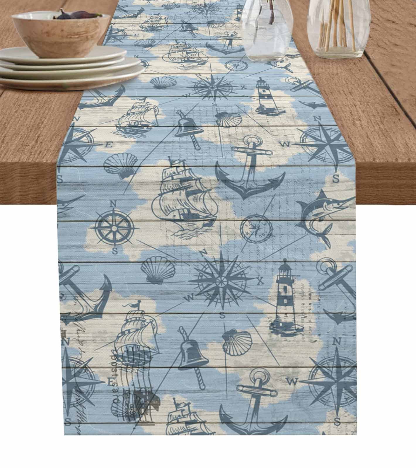 ERUNPONLY Nautical Blue Table Runner - 60 Inch Long Sailing Anchor ...