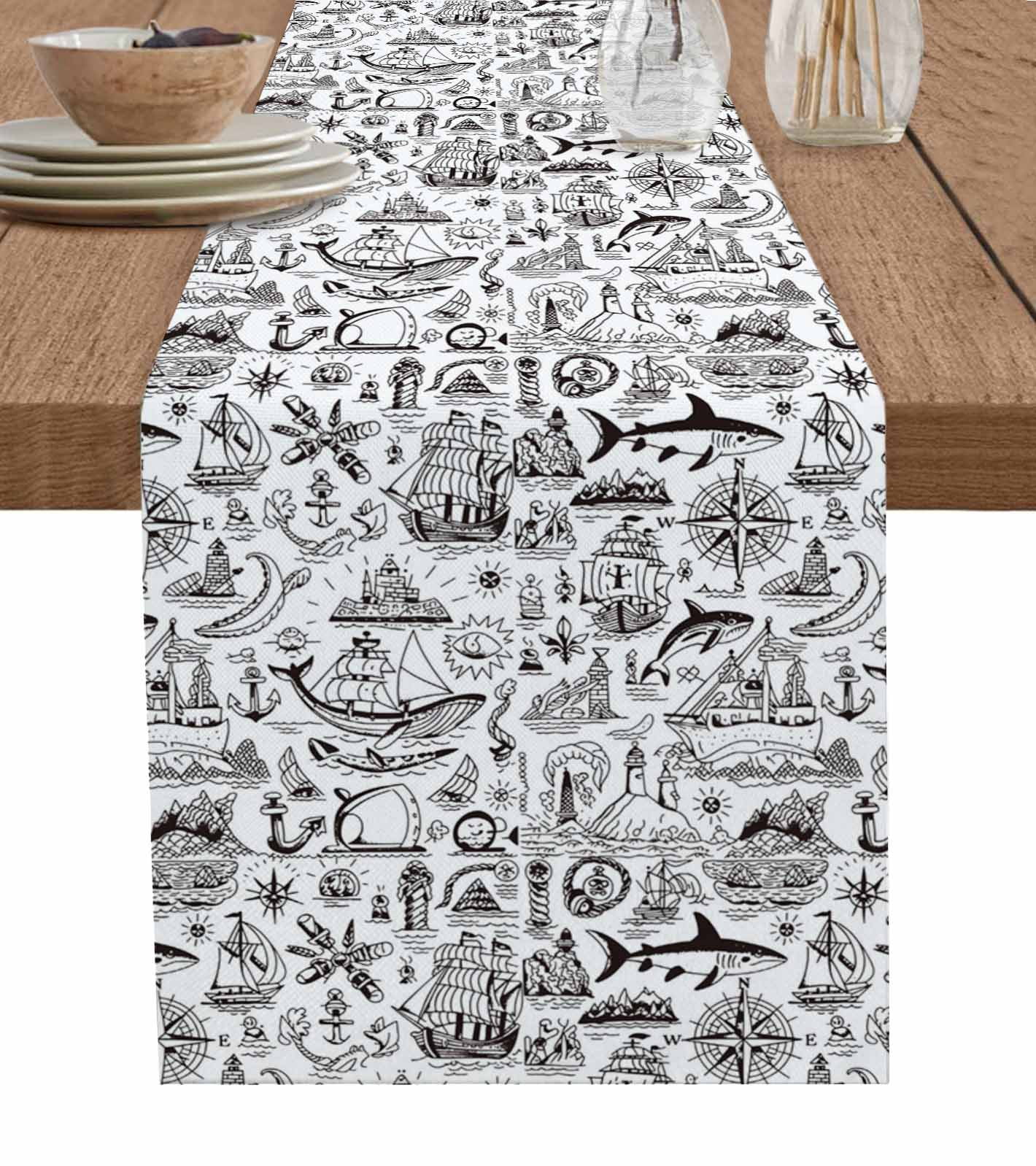 ERUNPONLY Nautical Table Runner - 36 Inch Long Grey Anchor Rudder ...
