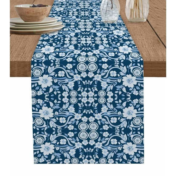 ERUNPONLY Navy Blue Floral Table Runner - 90 Inch Long Vintage Pastoral ...