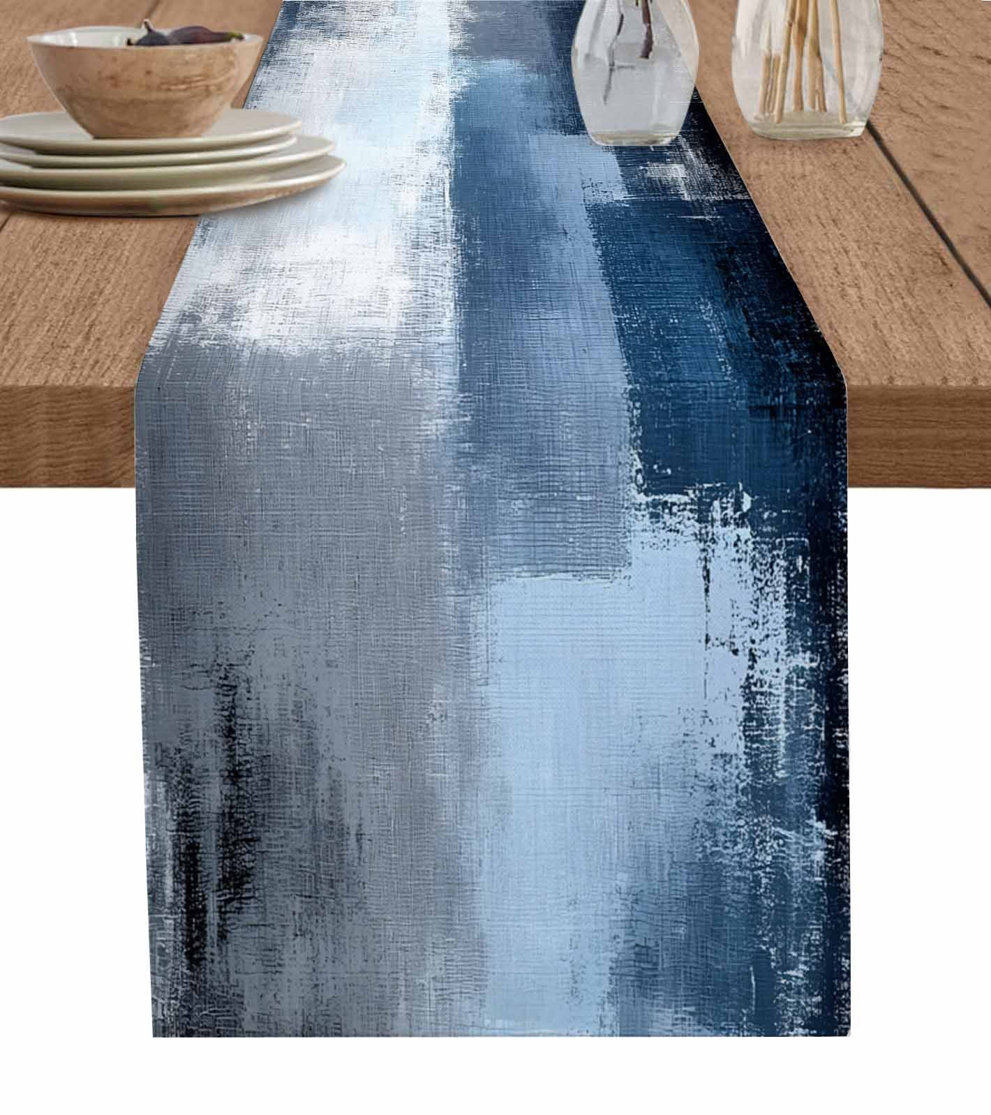 ERUNPONLY Navy Blue Grey Table Runner - 108 Inch Long Modern Ombre Oil ...