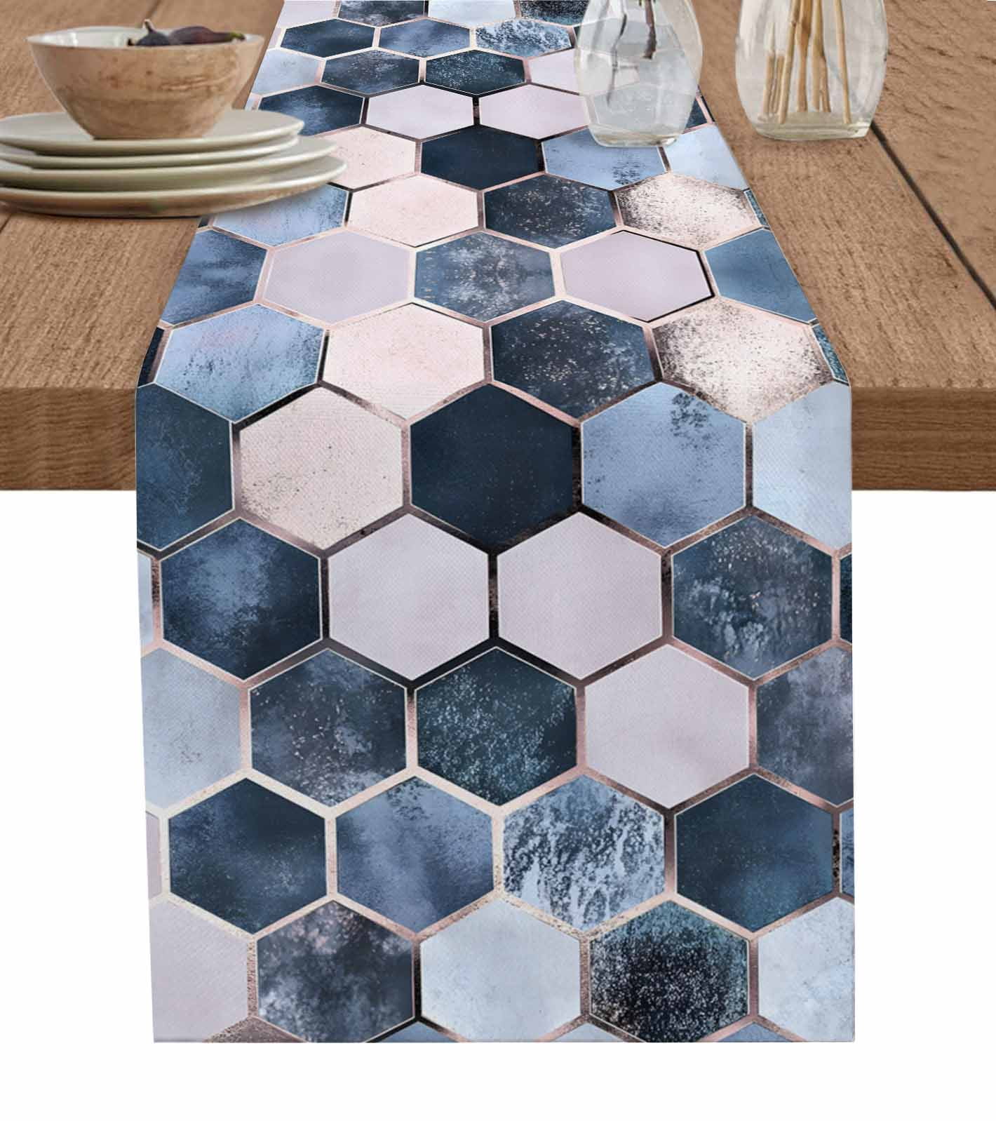 ERUNPONLY Navy Blue Grey Table Runner - 90 Inch Long Modern Abstract ...