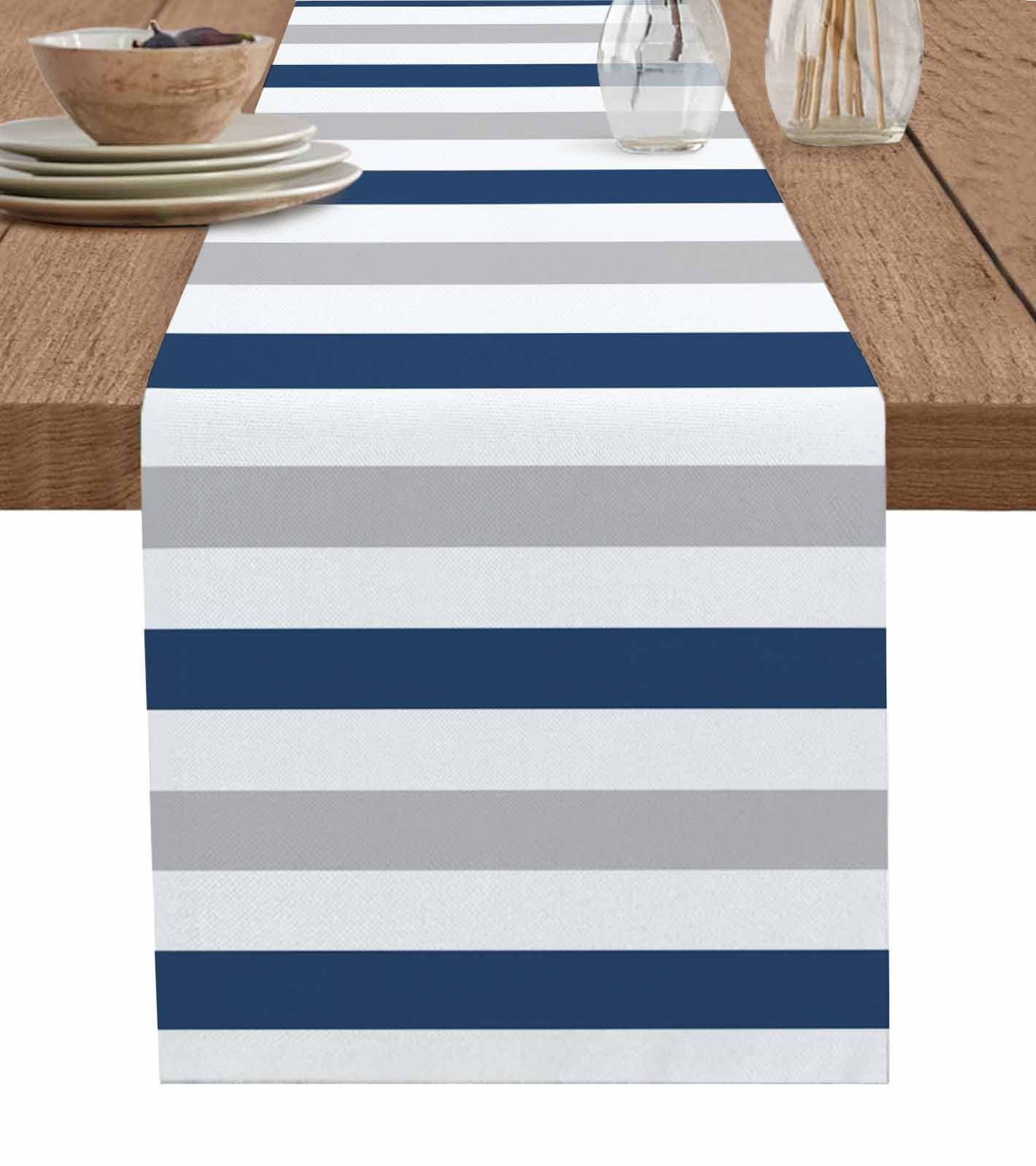 ERUNPONLY Navy Blue Striped Table Runner - 90 Inch Long Geometric Grey ...