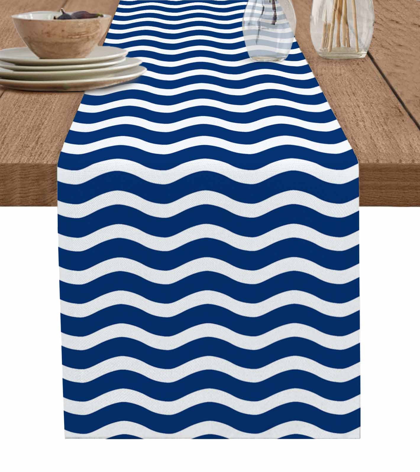 ERUNPONLY Navy Blue White Table Runner - 60 Inch Long Abstract Waves ...