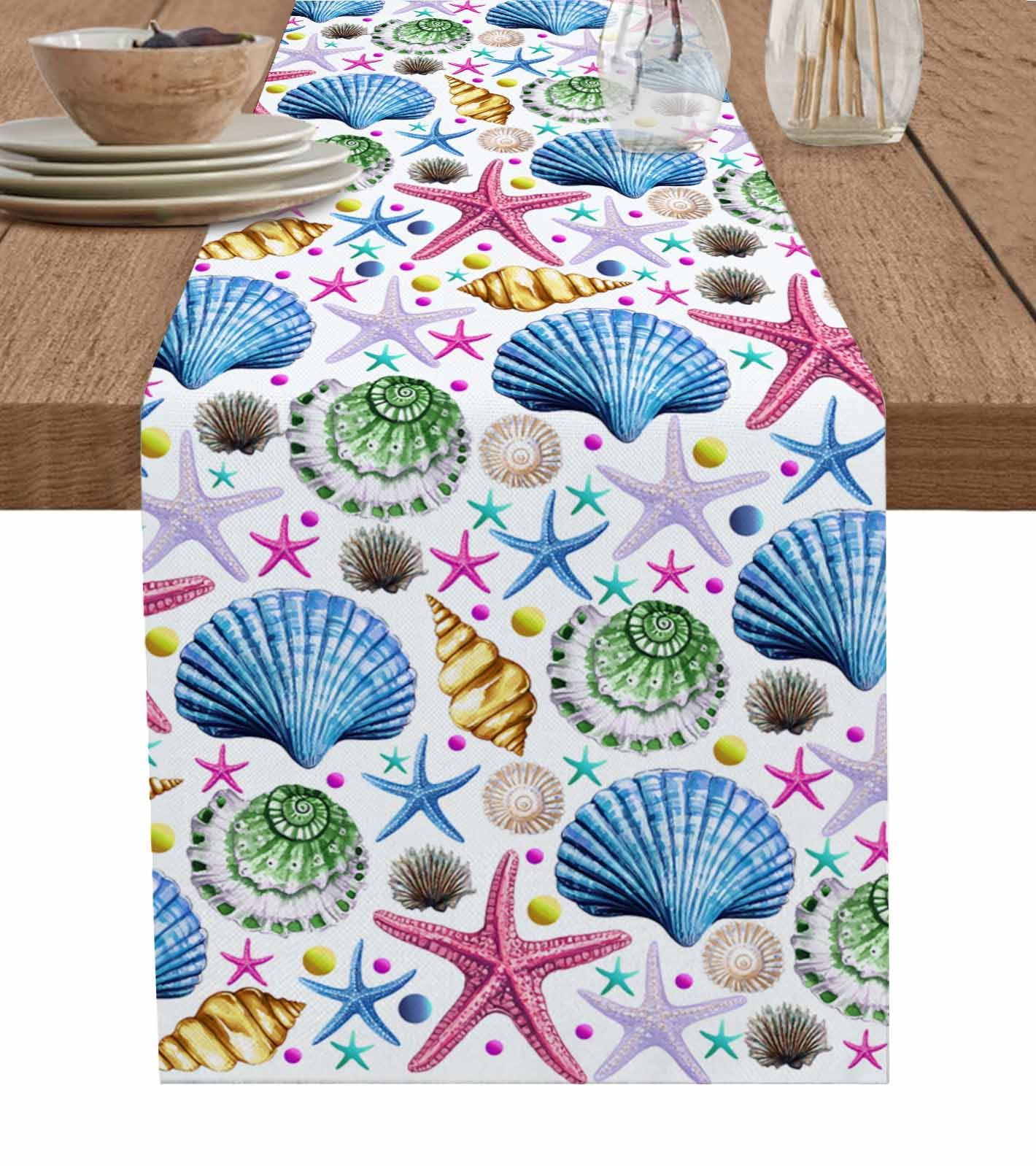 ERUNPONLY Ocean Blue Shell Table Runner - 70 Inch Long Multi Coastal ...