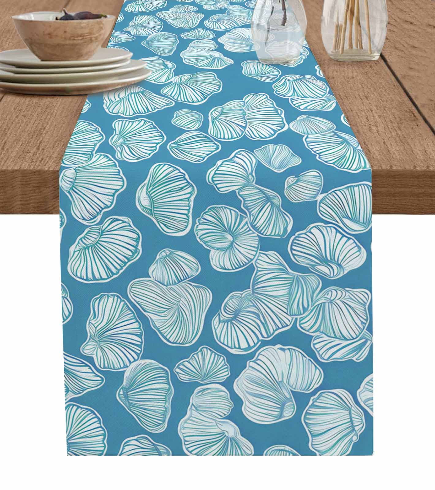 ERUNPONLY Ocean Conch Table Runner - 120 Inch Long Coastal Teal Blue Shell Summer Beach Cotton ...